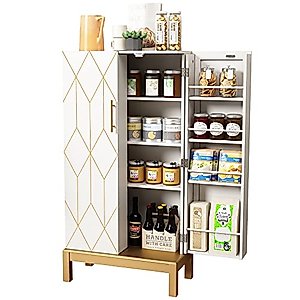 HOLTICO 45'' Kitchen Pantry Cabinet,Storage Cabinet with Doors and Adjustable Shelves,Food Pantry Cabinet for Kitchen,Dining Room,Living Room and Garage,Gold Legs,No Lines,White Cabinet.