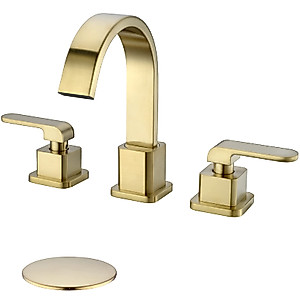 TRUSTMI 2 Handle 8 Inch Widespread Bathroom Faucet with Pop Up Drain Assembly Brass Square Waterfall Vanity Basin Sink Mixer Tap, Brushed Gold