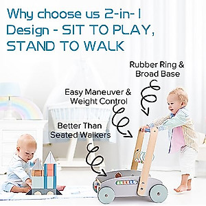 Wooden Baby Walker, Push Toys for Babies Learning to Walk,Shopping Cart for Kids Garden Wagon and Play Set with Abacus Blocks Push and Pull Learning Walking Educational Gift for Toddler Boy Gir 2 3