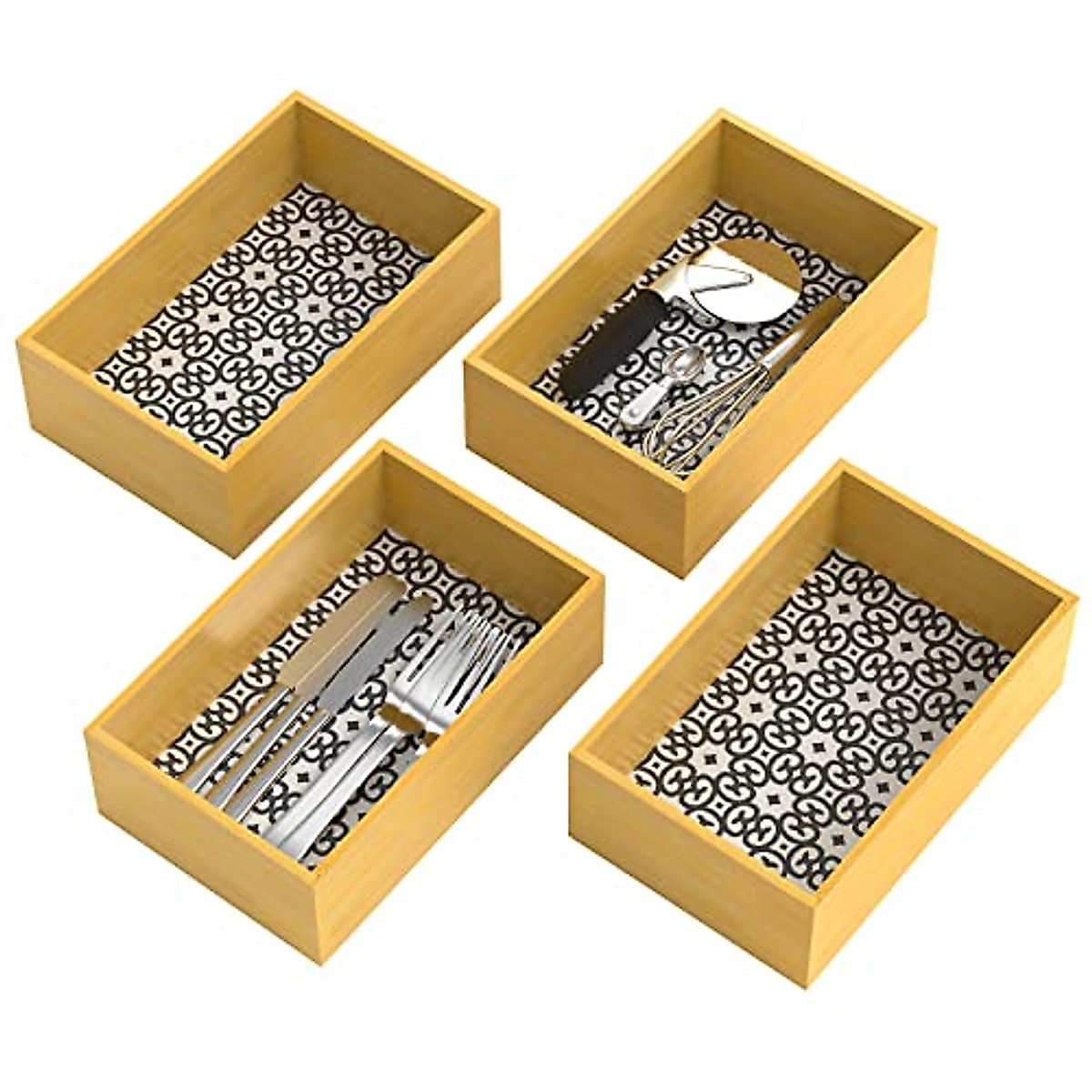 VenDotbi Bamboo Drawer Organizer Storage Box, Multi-Use Stackable Tray Drawer Organizer for Kitchen, Bathroom, Office Desk, Makeup, Jewelry-4Pack