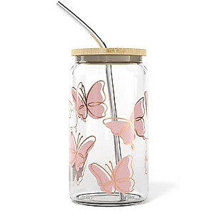 Iced Coffee Cup with Bamboo Lids and Straws | 16 oz Mason Jar Cups & Iced Coffee Tumbler with Lid and Straw | Glass Cups for Iced Coffee, Boba Cup | Beer Can Glass & Smoothie Cup - Butterfly