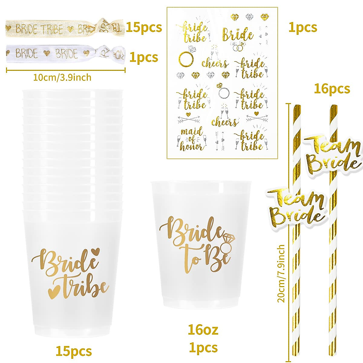 MOVINPE Bachelorette Party Accessories, Hen Party Cups Straws 16 Set, 1 Bride Hair Ties 15 Bride Tribe Hair Ties, Tattoos Bride Tribe, Bride to Be Decorations Bridal Shower Party Supplies (Golden)