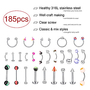 Ubjuliwa 185pcs Body Piercing Jewelry for All Piercings, Tongue Nipple Rings Eyebrow Lip Belly Button Barbell Nose Piercing Tragus Navel Body Jewelry for Women Piercings 14g-18g