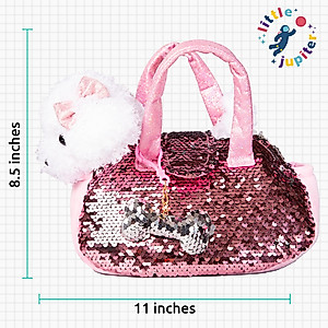 Little Jupiter Pet Plush Set with Purse w/ Reversible Sequins & Charm - Stuffed Animal Toy for Kids Ages 4 - 5 - 6 - 7 - Stuffed Animal Purse - Stuffed Animals for Girls - (White Labradoodle)
