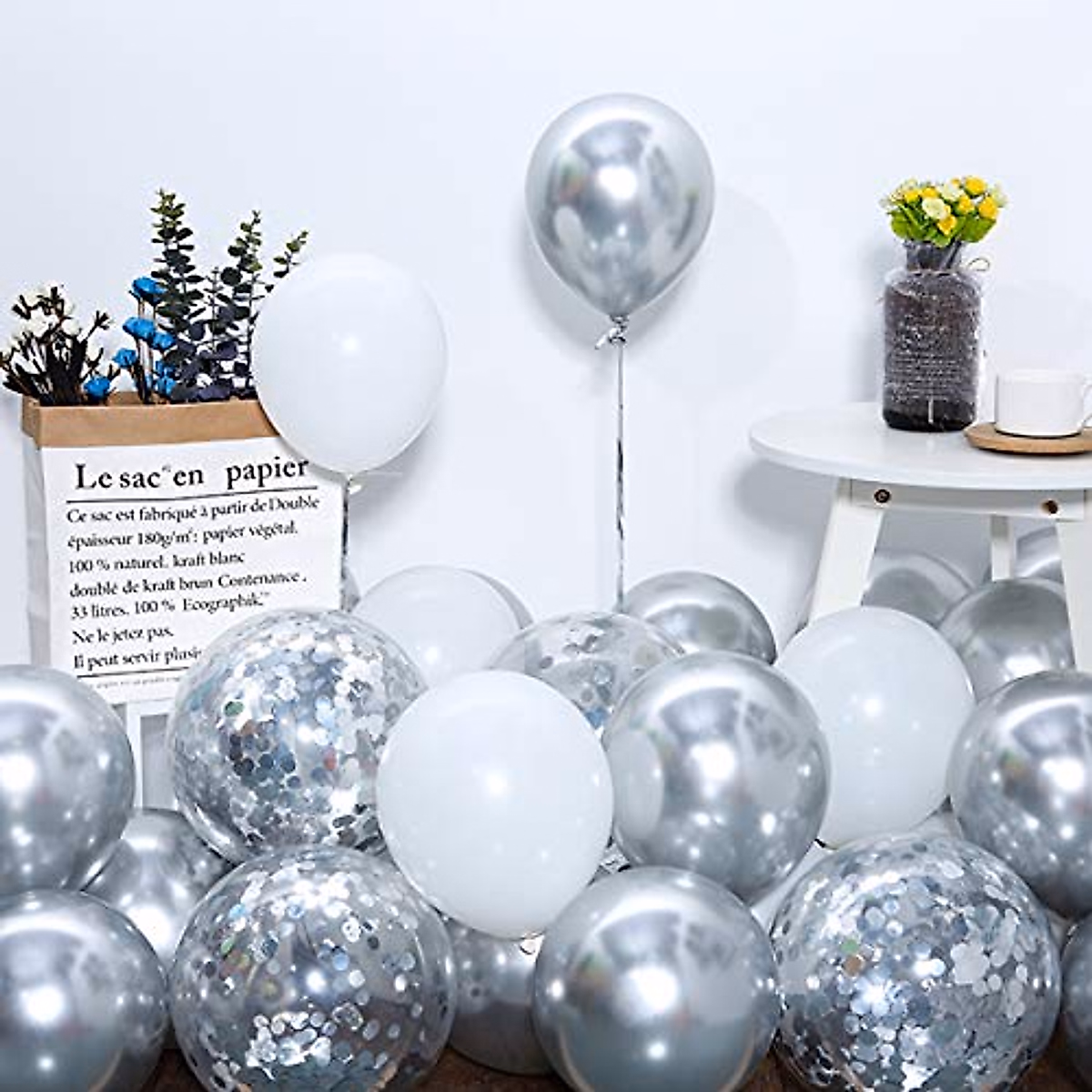 103pcs White and Silver Balloons Garland Arch Kit 5” 10 Inch 12” White Silver Metallic Confetti Latex Balloons Arch Set for Winter Wonderland Birthday Baby Shower Wedding Party New Year's Day Decor