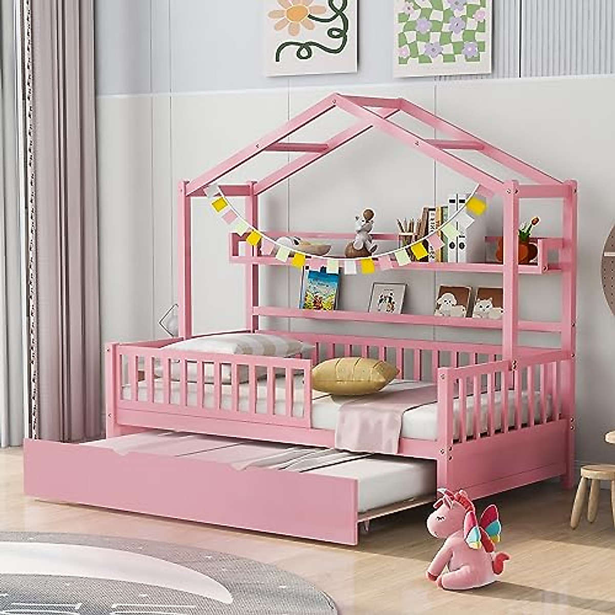 Twin Size House Bed for Kids, Wooden Floor Bed Frame with Trundle & House Roof Frame, Kids Bed Twin with Shelf, Guardrails & Slat Support, Box Spring Needed (Pink)