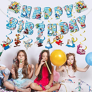 Alice in Wonderland Birthday Decorations Alice Happy Birthday Banner with Hand Hanging Swirls for Kids, Boys and Girls Alice in Wonderland Happy Birthday Decoration