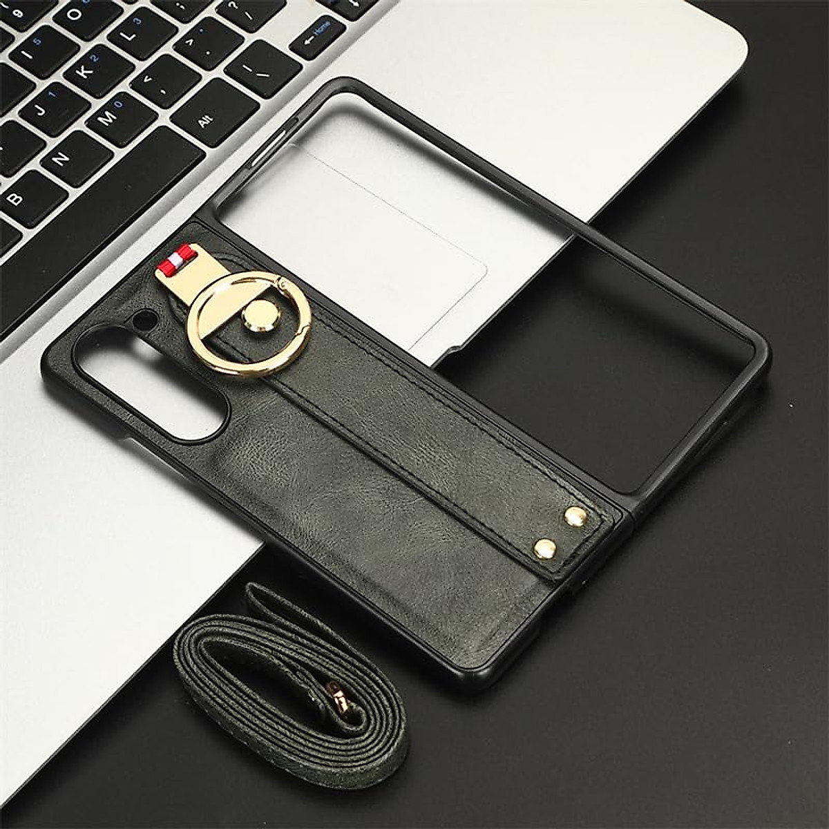 lefeda Leather Case for Samsung Galaxy Z Fold 5, Slim Case with Ring and Neck Lanyard Soft Anti-Scratch Microfiber Lining,Green