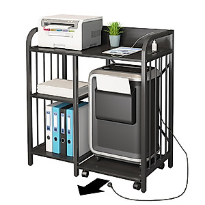 Printer Stand with Storage & Charging Station, Under Desk Printer Stand for Home Office, 3-Tier Printer Table for Home Office with Rolling Shredder Stand, Printer Stand with File Cabinet, Black