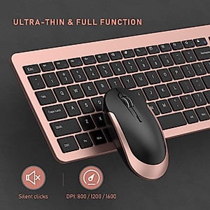 seenda Rechargeable Wireless Keyboard Mouse Combo Full Size Cordless Keyboard & Mouse Sets with Build-in Lithium Battery Ultra Thin Quiet Keyboard Mice (Rose Gold & Black)