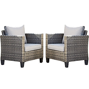 ovios Patio Chairs Outdoor Furniture 2 Pieces Rattan Wicker Chairs All Weather Patio Dining Chairs Single Chairs for Yard Deck Porch, Grey Wicker, Grey Cushion