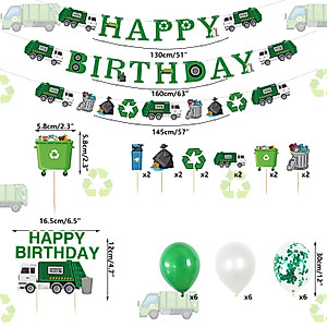 KEFAN Trash Truck Party Decorations, Garbage Truck Birthday Party Supplies with Happy Birthday Banner, latex Balloons, cupcake Toppers, for Kids Waste Management Recycling Birthday Party Decor