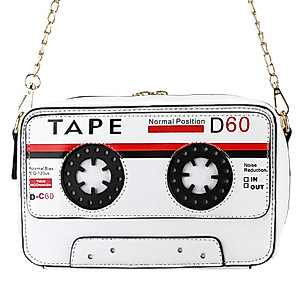QiMing Retro Tape Shaped Evening Purse,PU Audio Cassette Crossbody HandBag for Women(White)