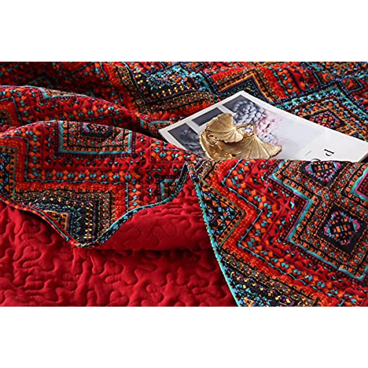 Yvooxny Quilt Set Queen Size Bedspread Bohemian Style Lightweight Cotton Quilted Coverlet Bedding Set for All Seasons, Boho Red Jacquard Pattern, 90 * 98 Inches