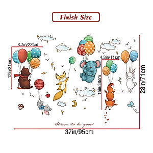 RAINBOW WSK Animals Balloons Wall Decals Elephant Rabbit Fox Bear Clouds Wall Stickers Woodland Jungle Animals Wall Decals Peel and Stick Vinyl Wall Mural Kids Bedroom Nursery Classroom Wall Decor