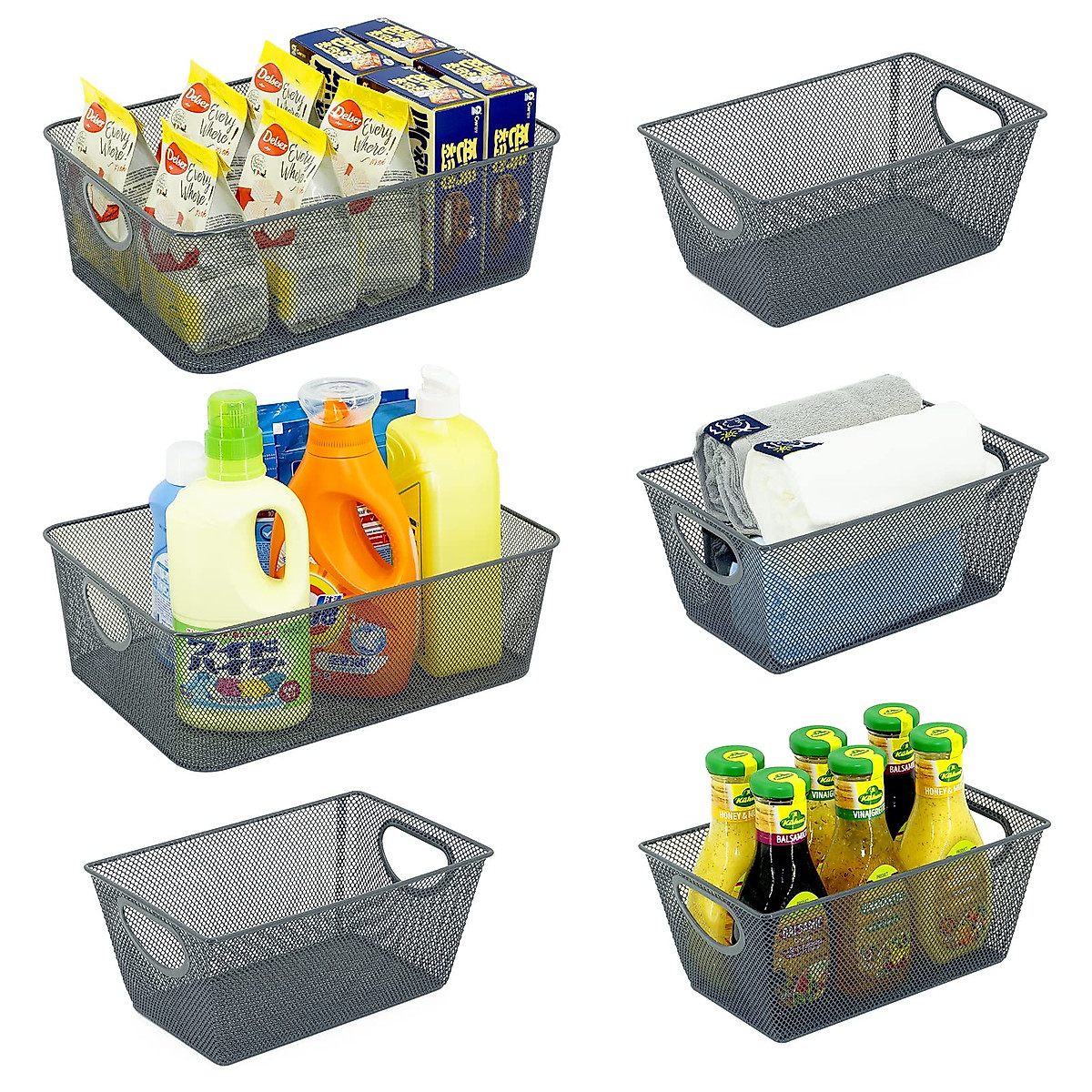 Wire Baskets for Organizing Neudeco Pantry Baskets 6 Pack Wire Storage Baskets Metal Mesh Baskets Storage Bins for Kitchen Laundry Garage Fridge Bathroom Countertop Organizer Gray