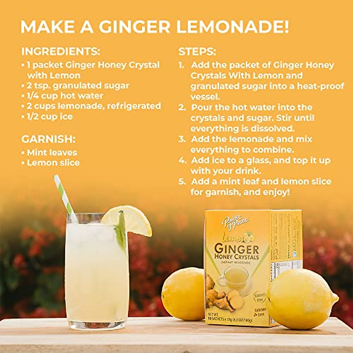 Prince of Peace Instant Lemon Ginger Honey Crystals, 2 Pack of 30 Sachets – Instant Hot or Cold Beverage – Easy to Brew Ginger and Honey Crystals