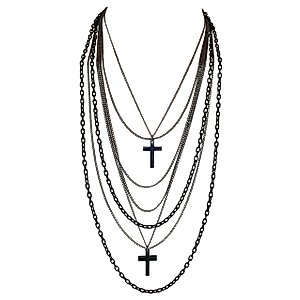 DragonWeave Jewelry Deluxe Gothic 80s Madonna Retro Multilayer Gunmetal Crosses Long Multi Strand Black Chain Necklace