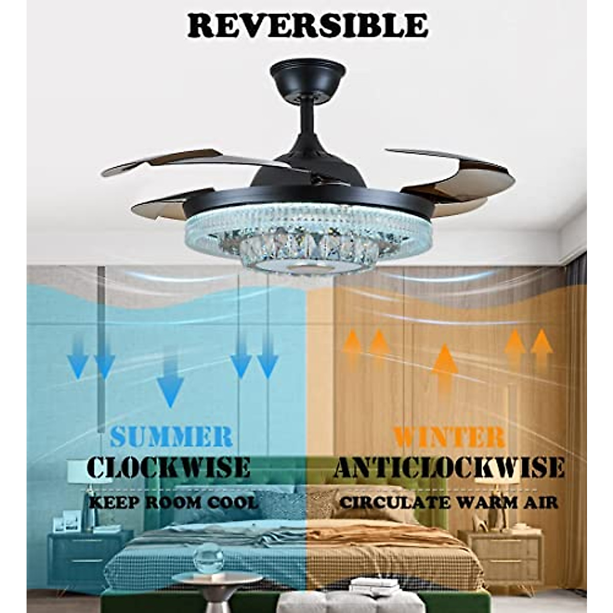 FINE MAKER 42" Bluetooth Fandelier Ceiling Fan with Light, Modern Black Reversible Chandelier Fan with RGB Light Colors Retractable Blades Light Fixture for Bedroom Living Room