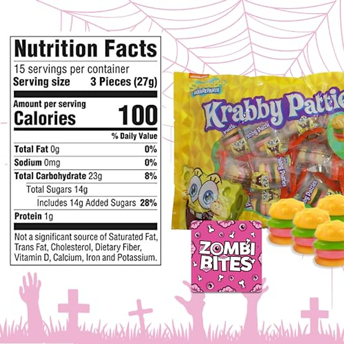Burger Gummy Bundle. Includes One-5.08 Oz Bag of Spongebob SquarePants Krabby Patty Gummies Plus a Zombibites Fridge Magnet. Krabby Patty Gummies are Fat Free Gummy Candies!