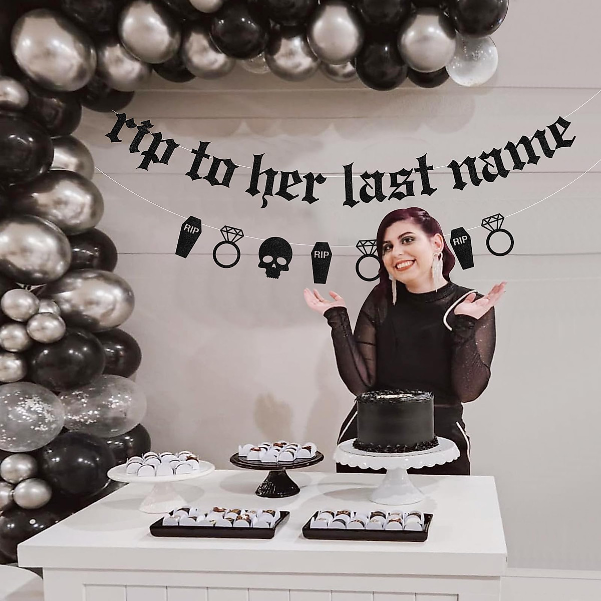 Sursurprise Gothic Bachelorette Party Decorations, Rip to Her Last Name Banner, Old English Emo Bridal Shower Engagement Wedding Party Supplies