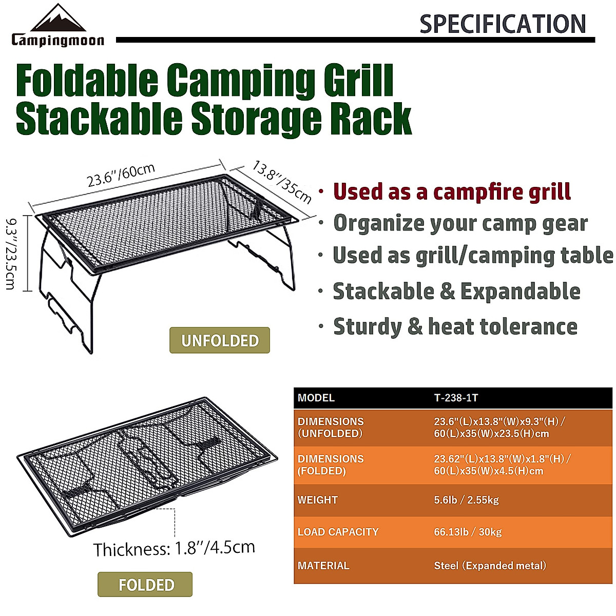 CAMPINGMOON Campfire Grill Storage Rack Camping Grill Steel Foldable Stackable T-238