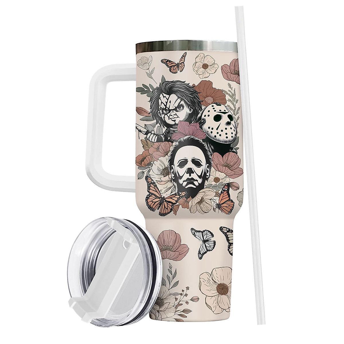 GEPOSTORE Halloweens Gifts for Horror Movie Lover, I'll be There For You 40 oz Tumbler with Handle, Scary Movie Characters Mug, Halloween Mug, Movie Gifts for Halloween Lovers