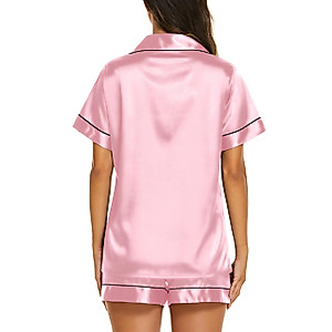 Ekouaer Silk Pajamas for Women Summer Silky Button Up Sleepwear Satin Short Sleeve Loungewear Pjs Shorts Set,Pink,Small