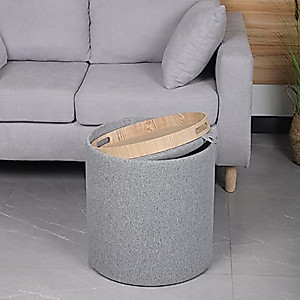 SOFT ASS Multi-Functional Round Linen Fabric Storage Ottoman Large Footrest with Coffee Table Tray Footstool for Bedroom, Study and Living Room, Kid's Room - Light Grey