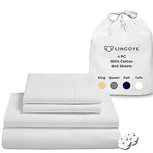 Lincove 100% Cotton Sateen 4 Piece Bed Sheet Set – 400 Thread Count, Ultra Soft Luxury Sheets with 15” Deep Pockets - Includes 1 Fitted Sheet, 1 Flat Sheet, 2 Pillowcases (King, White)