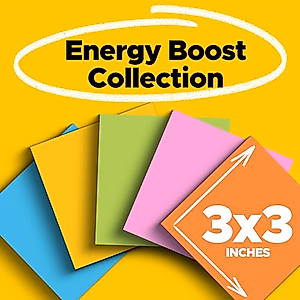 Post-it Super Sticky Notes, 3x3 in, 5 Pads, 2x the Sticking Power, Energy Boost Collection, Bright Colors, Recyclable (654-5SSUC)