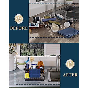 Consumest Sink Caddy, Sponge Holder for Kitchen Sink with Drip Tray, Non-Slip Kitchen Sink Organizer for Countertop, SUS304 Stainless Steel Rustproof Sink Rack - Bronze