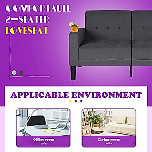 TYBOATLE Linen Upholstered Modern Love Seats Sofa with 2 USB, Fabric Loveseat Furniture w/Removable Armrests, 2 Cup Holders, Suitable for Compact Living Space, Apartment, Dorm (Dark Grey)