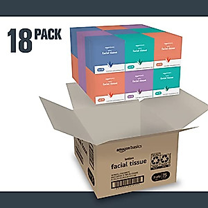 Amazon Basics Facial Tissue with Lotion, 75 Tissues per Box, 18 Cube Boxes (1350 Tissues total) (Previously Solimo)