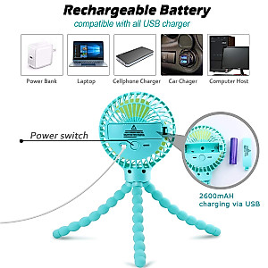 OPOLEMIN Fan for Stroller, Portable Car Fan Baby with Flexible Tripod, Baby Fan Car Seat, USB or Battery Powered Fan Carseat Baby, Portable Stroller Fan Clip On for Baby, Fan for Peloton Bike