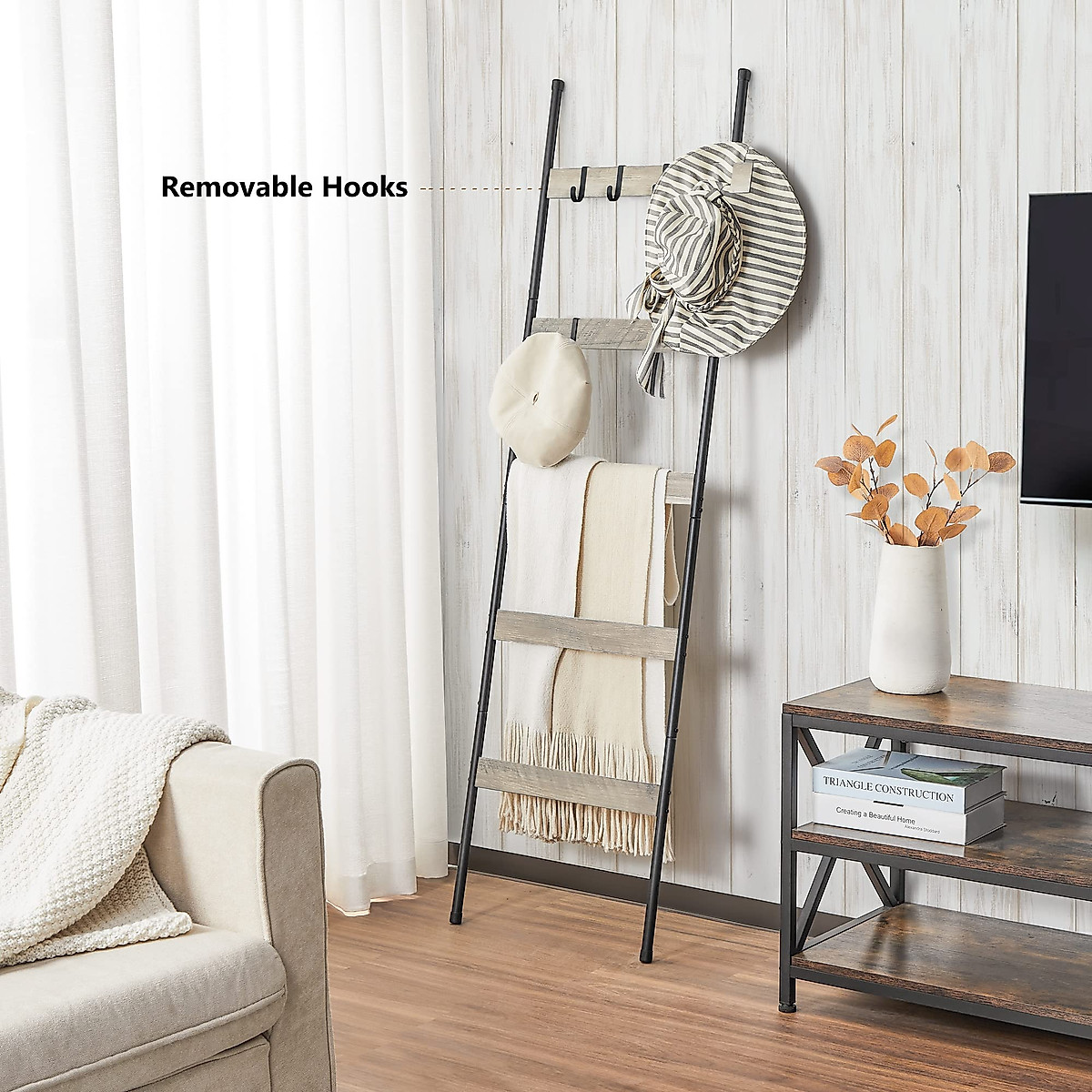 ELYKEN Blanket Ladder for Living Room, Farmhouse 5 -Tier Quilt Holder with 4 Removable Hooks for Bathroom, Wood Towel Rack Display, Wall Anchor Leaning Decorative Stand for Home Decor, White Oak