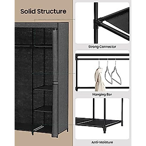 Hzuaneri Closet Wardrobe, 64.5-inch Portable Closet for Bedroom, 3 Clothes Rail Clothes Rail with Fabric Cover, Clothes Storage Organizer, 64.5 x 17.3 x 70 Inches, 9 Compartments, Black WO0203BC