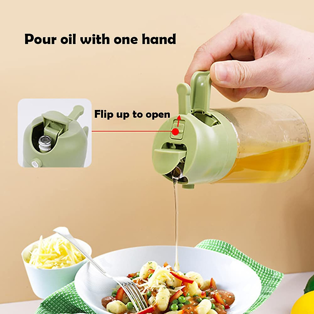 Oil Sprayer for Cooking, 450ml Glass Olive Oil Sprayer, Can Both Spray Oil and Pour Oil, Kitchen Gadgets Accessories With 1 Brush, Widely Used for Salad, Baking(fruit green)