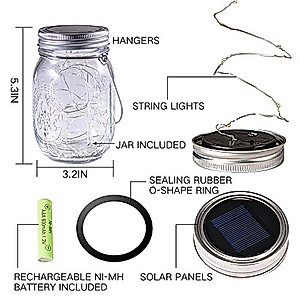 Nintiue Mason Jar Solar Lights, 6 Pack 30 LEDs Fairy Lights with Jars and Hangers, IPX6 Waterproof Hanging Solar Lights Outdoor, Decorative Solar Lanterns for Garden Fence Patio Wedding