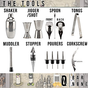 BAR NONE The Cocktail Set | 12-Piece + Stand Bar Set | Exquisite Quality Bartender Kit + Tools | Martini Shaker, Jigger, Shots, Muddler, Spoon, Ice Tongs, Corkscrew Knife Bottle Opener & Liquor Pourer