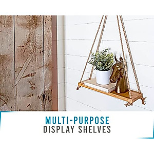 Comfify Modern Set of 2 Wooden Floating Shelves with String – Farmhouse Boho Wall Decor for Living Room Wall – Natural Wood Decorative Shelves with Rope – 17”x5.2” - Natural Color