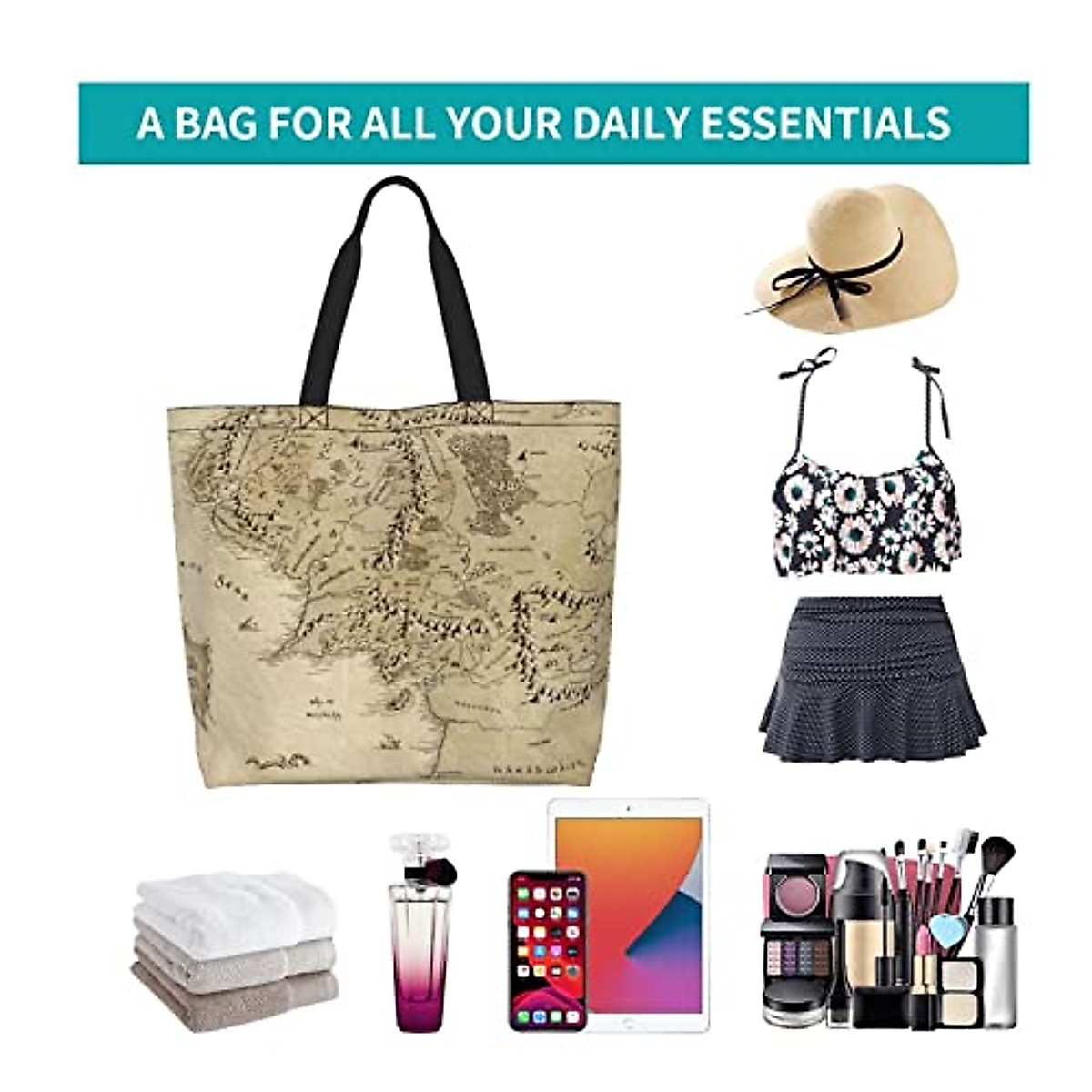 Middle Earth Map Tote Bag For Women,Womens Tote Bags,Waterproof Tote Purse for Teacher,Gym,Work,School with interior Pocket