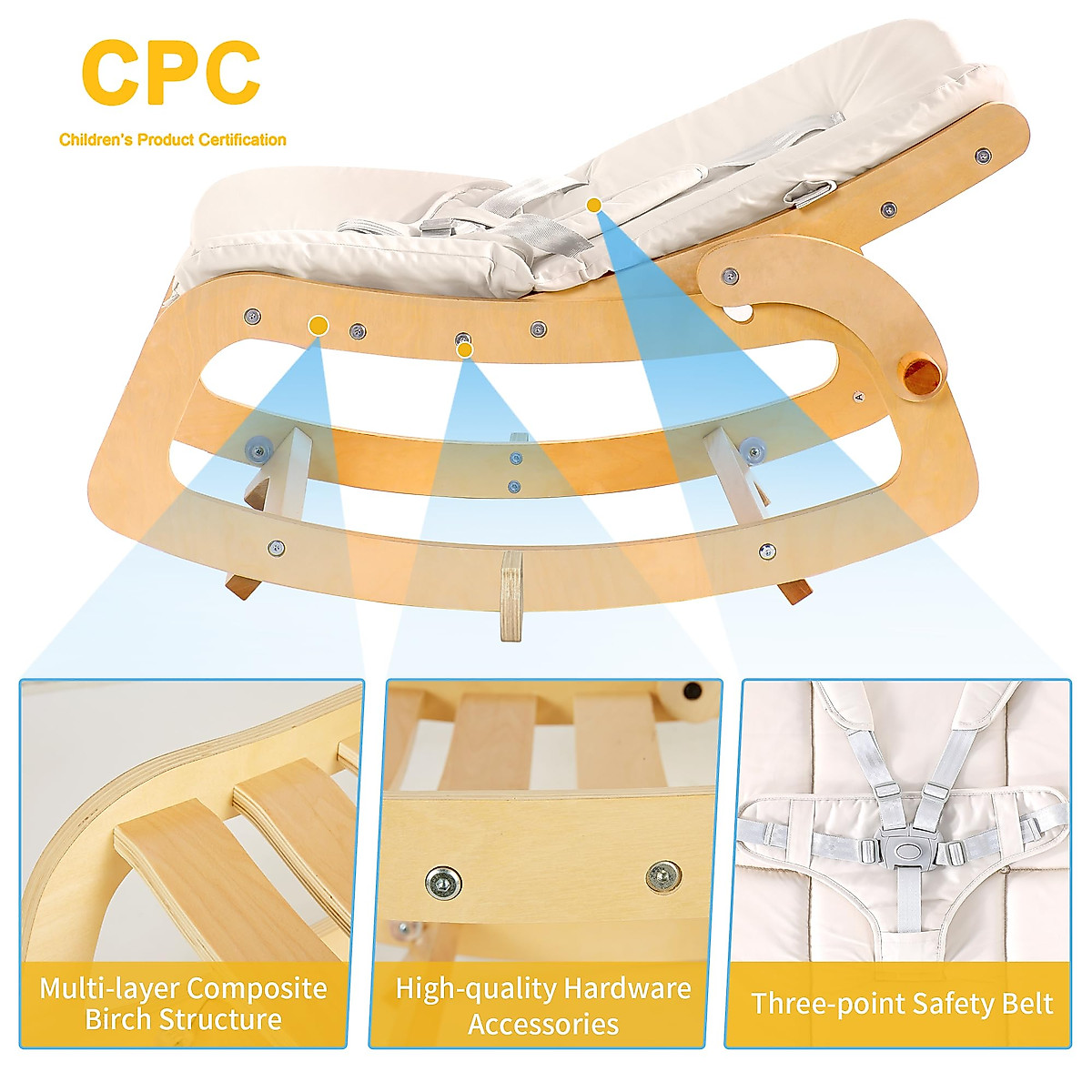 MallBest 3-in-1 Baby Bouncer Adjustable Wooden Rocker Chair Recliner with Removable Cushion and Seat Belt for Infant to Toddler (Beige)