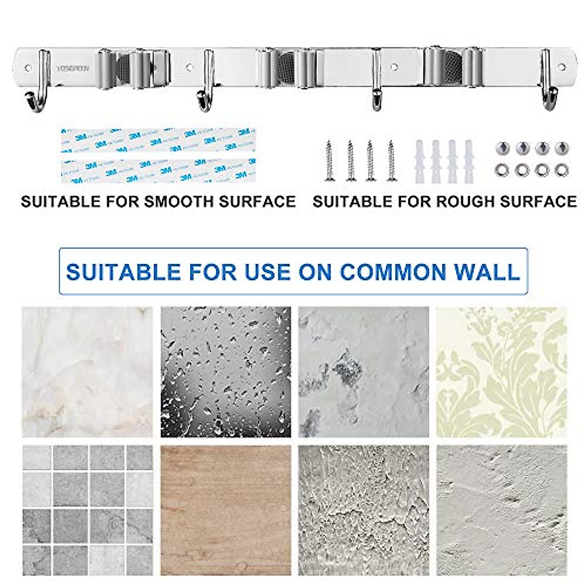 VOSIGREEN Broom & Mop Holder, Wall Mount Organizer Hanger for Rakes, Utensils, Tools-3 Clamps, 4 Hooks-17” Self Adhesive or Drillable Installation-For Kitchen, Garage, Garden, Office, Closet, 2 Pack