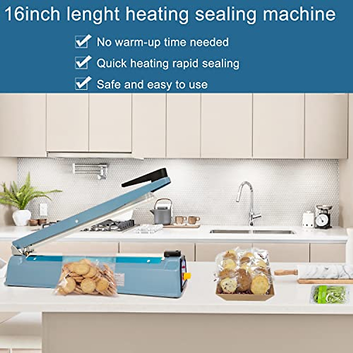 Impulse Heat Sealer 16 Inch Mylar Bag Sealer Heat Seal Machine, 110v Manual Heat Sealer for Plastic/Poly/Cookie Bags, 8 Replacement Parts & Teflon Cloth Strip(2 Round Cutter Lines Included)