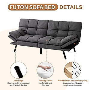 MUUEGM Futon Sofa Bed,Memory Foam Futon Sofa,Modern Convertible Sofa Bed for Small Compact Living Spaces,Apartment,Office,Adjustable Sleeper Sofa,71"*33"*31.5",Grey Fabric