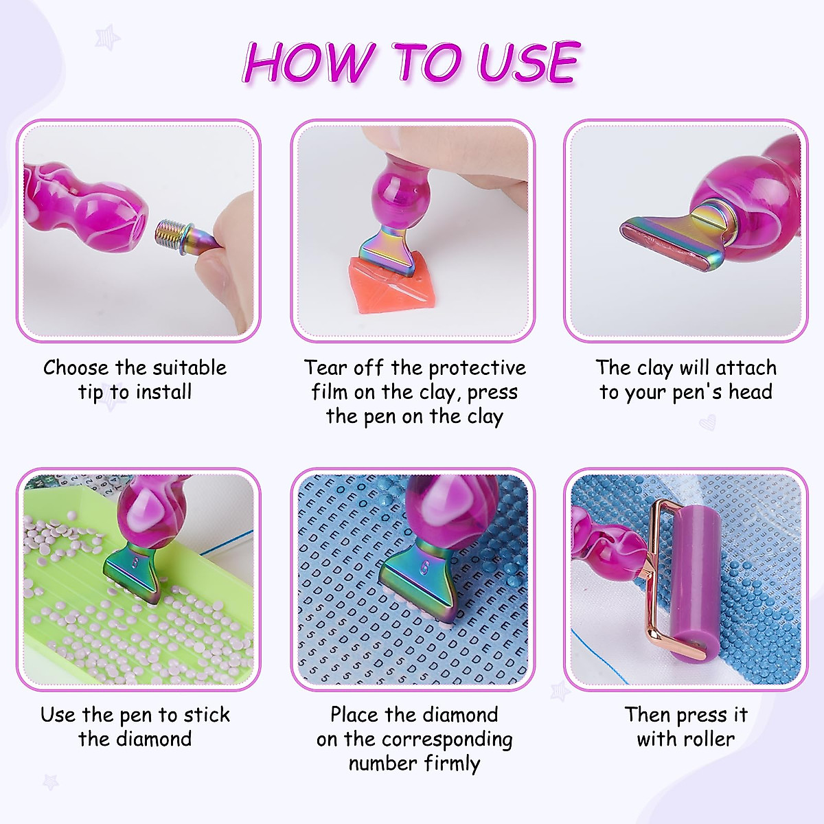 Ninonly 3Pcs Diamond Art Pen, Diamond Painting Pen Kits with 12 Colorful Metal Tips, 6 Painting Glue Clay, Roller, 5D Diamond Art Accessories and Tools for DIY Craft, Purple Pink Blue