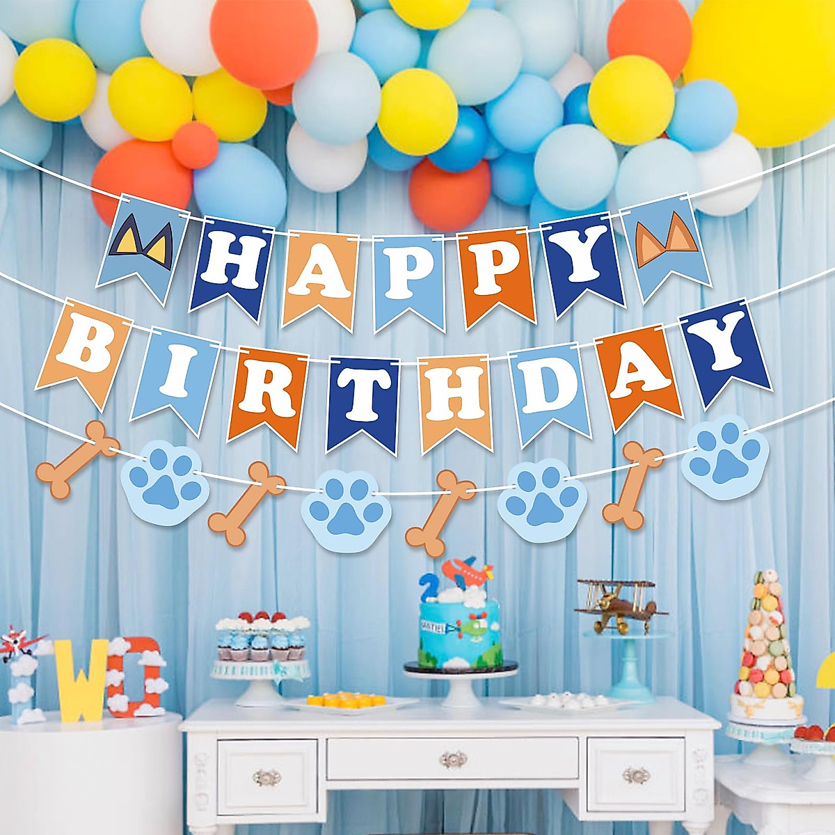 Stcomart Pre-Strung Blue Dog Happy Birthday Banner - No DIY Required, 6ft Multi-Color Letters for Kid Boy and Girl Blue Dog Happy Birthday Party Supplies