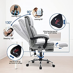 HOMREST Reclining Chair with Massage, Ergonomic Office Breathable Fabric Executive Computer Chair w/Retractable Footrest, High Back Swivel Recliner for Office Home Study