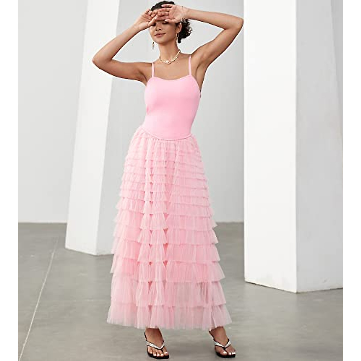 Women's Tulle Maxi Dress Spaghetti Strap Layered Fluffy Ruflfle Prom Birthday Party Long Dress